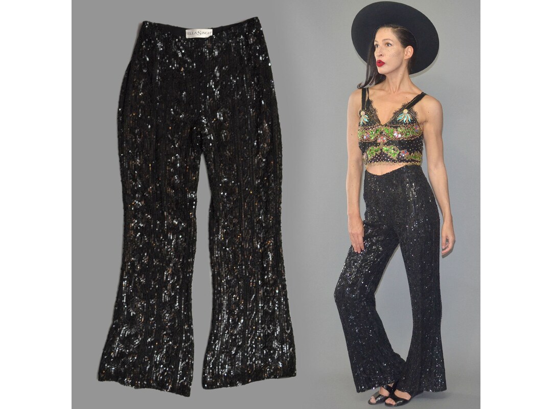 Vintage Ella Singh Set Ensemble Gown Flared Pants Bustier Bra Pearl ...