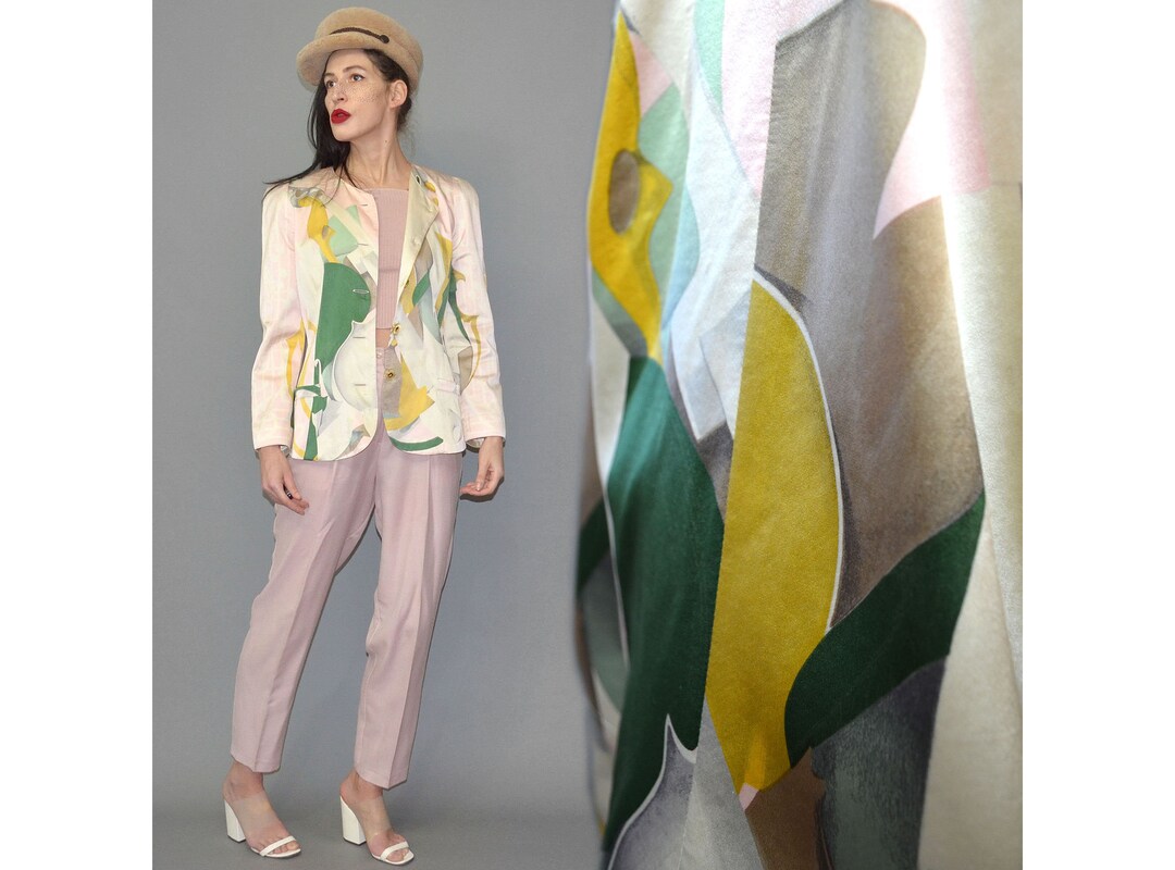 Vintage RENZO Silk Satin Cubism Picasso Geometric Art Frock Coat Sports ...
