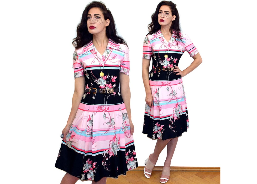 Vintage Blumen Art Deco Spitz-kragen Midi Kleid Falten Rock Hippie ...