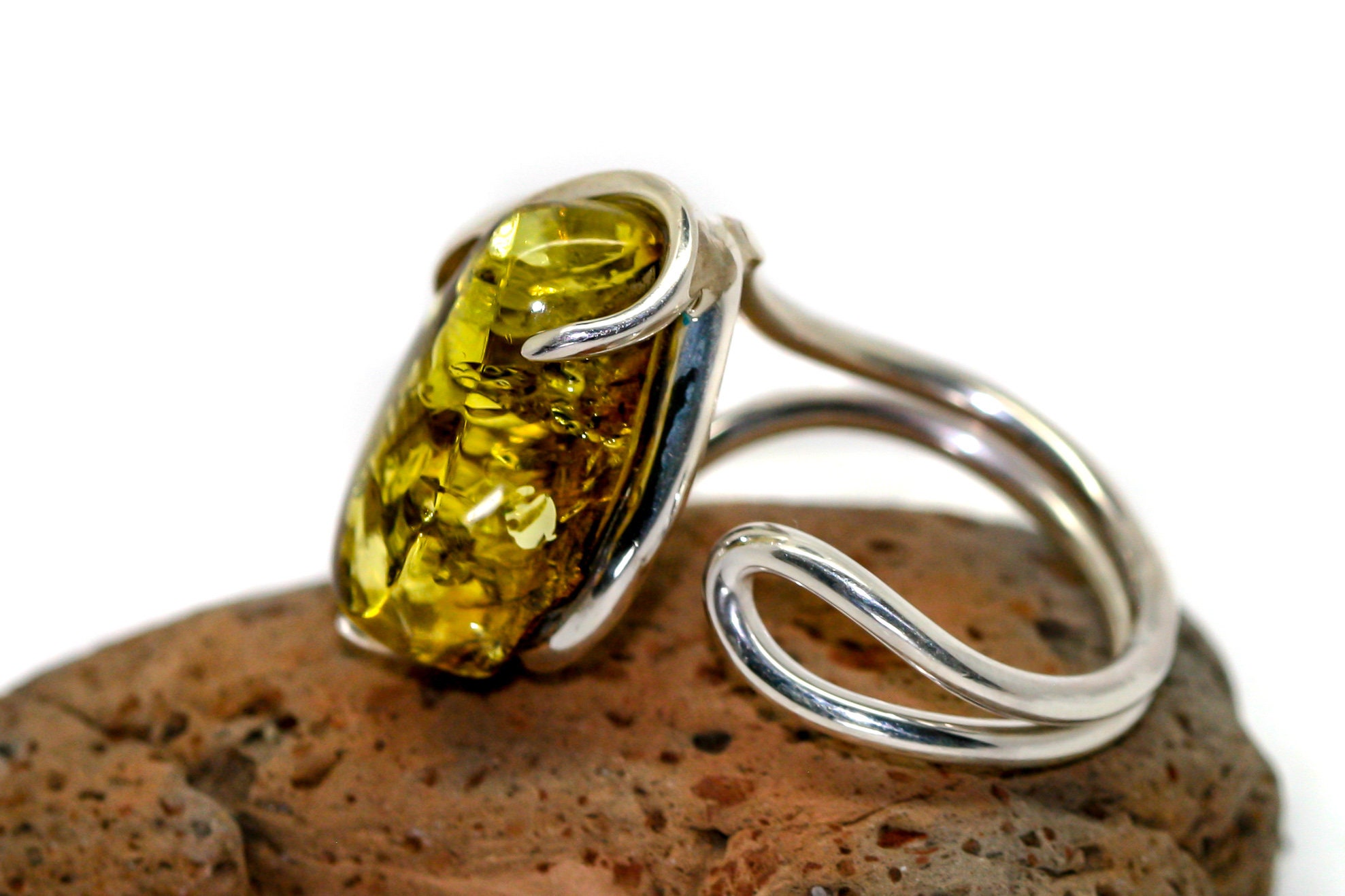 Baltic amber ring. Green Baltic amber & sterling silver, unique ring ...