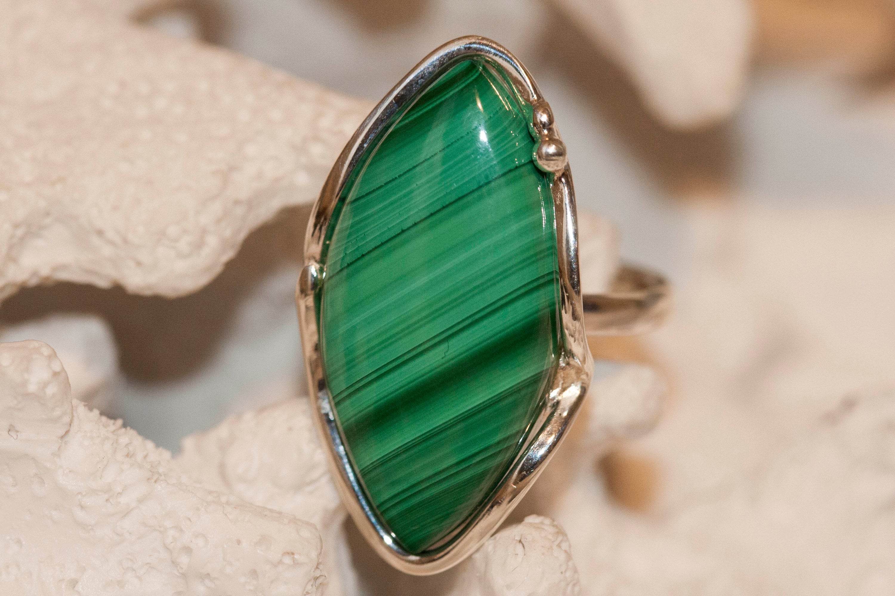 Malachite Ring fitted in sterling silver setting. Silver ring, big ring ...