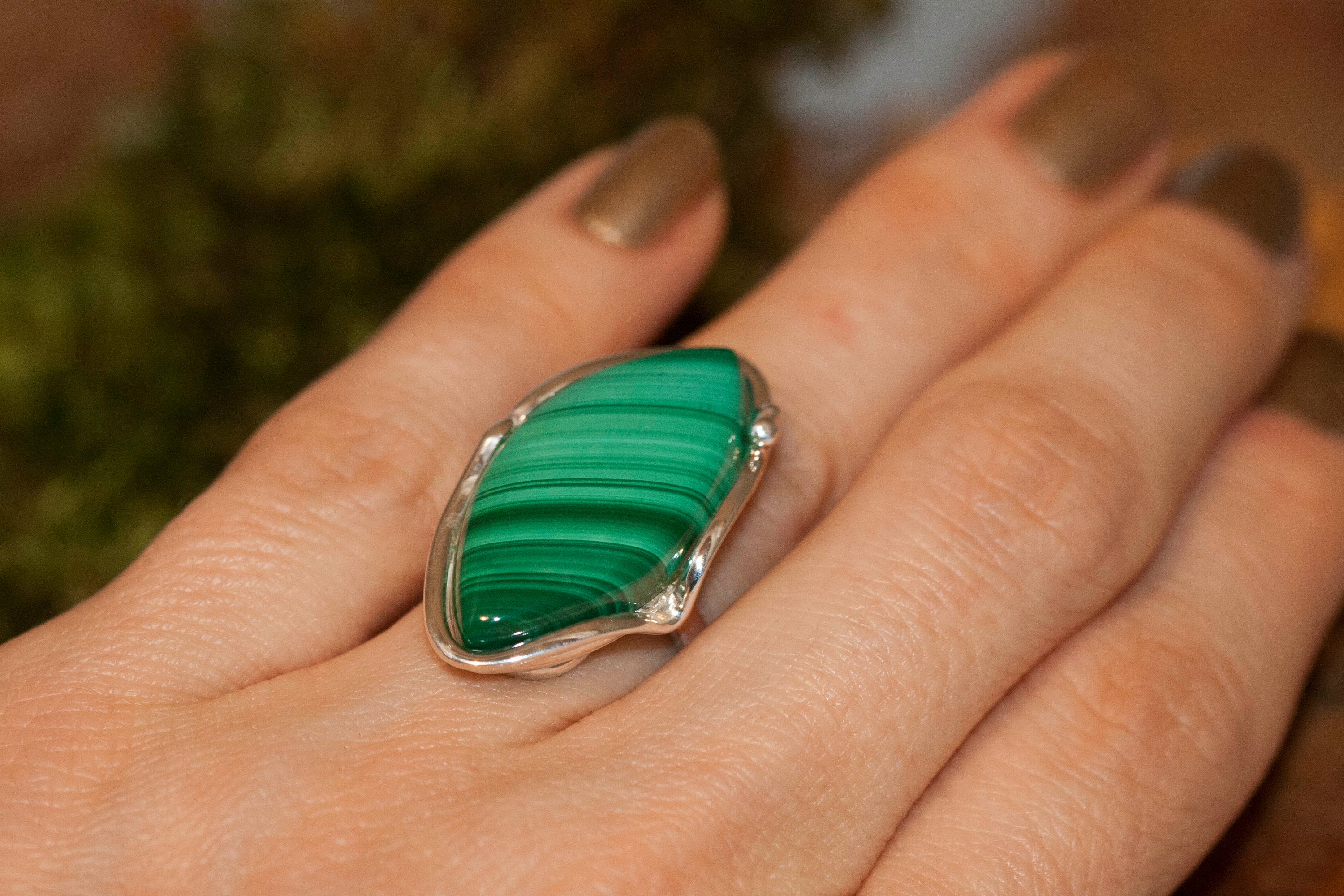 Malachite Ring fitted in sterling silver setting. Silver ring, big ring ...