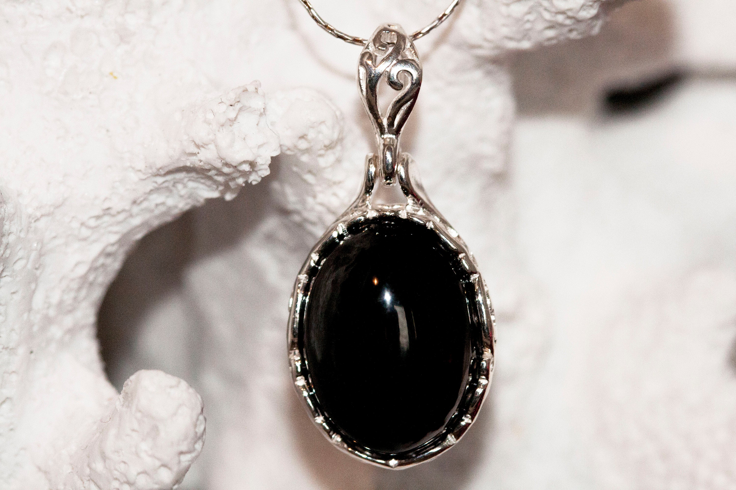 Splendid Whitby Jet Pendant. Sterling Silver Necklace, Original British ...