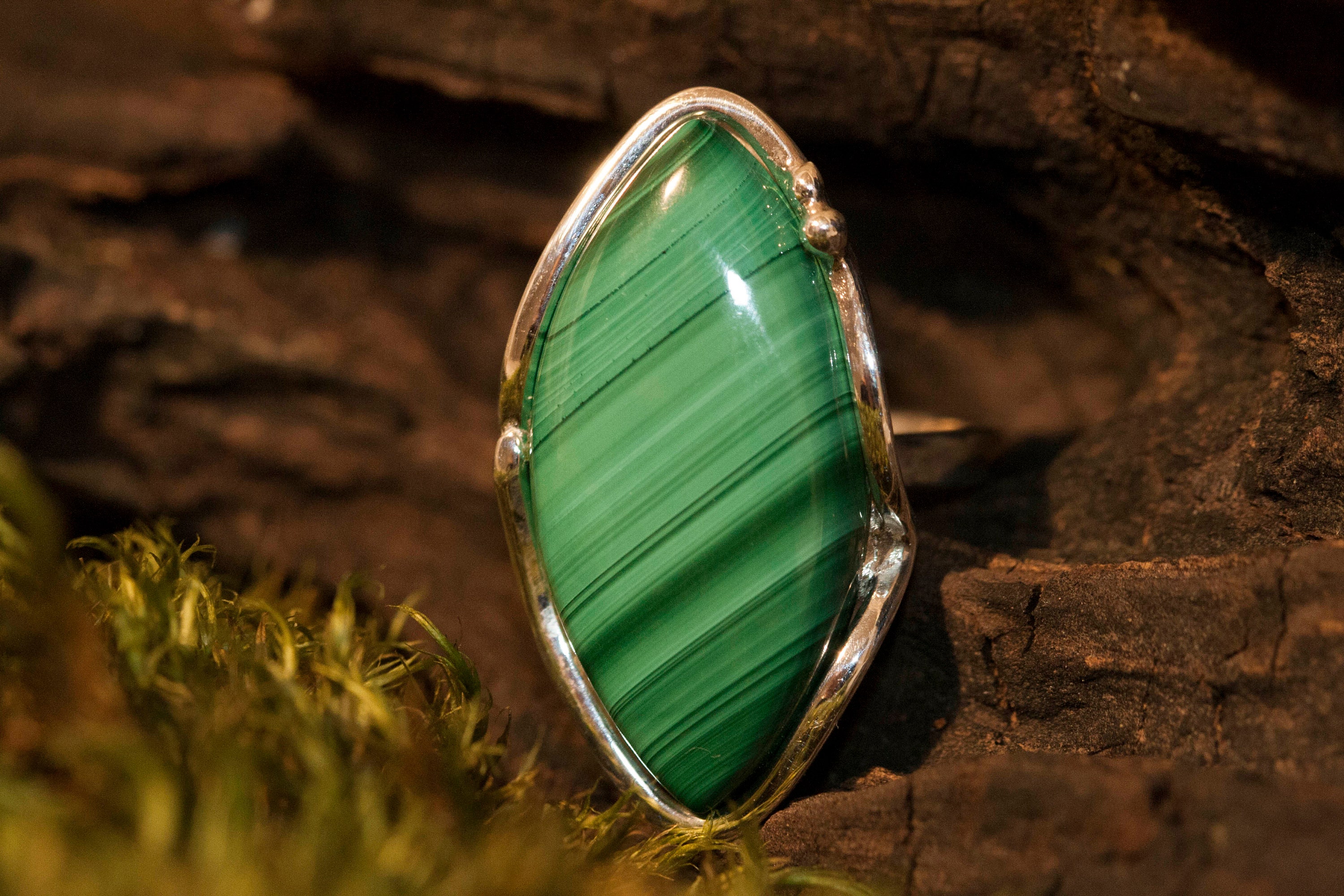 Malachite Ring fitted in sterling silver setting. Silver ring, big ring ...