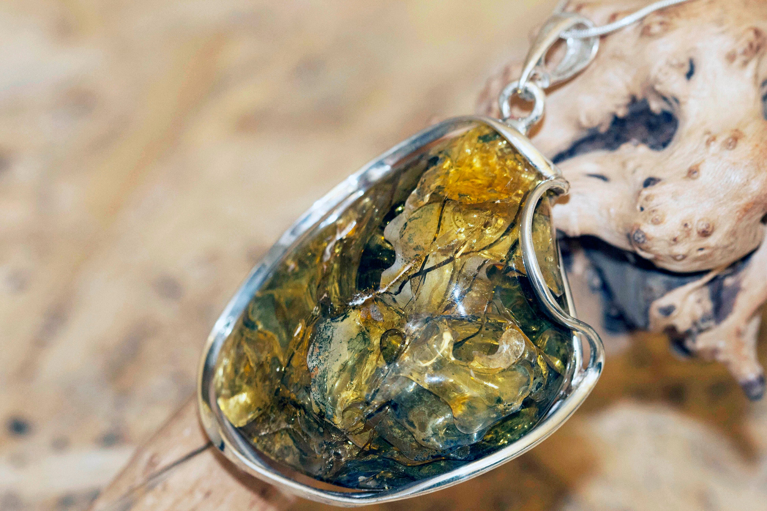 Green Amber Pendant in Sterling Silver. Large amber and silver pendant ...