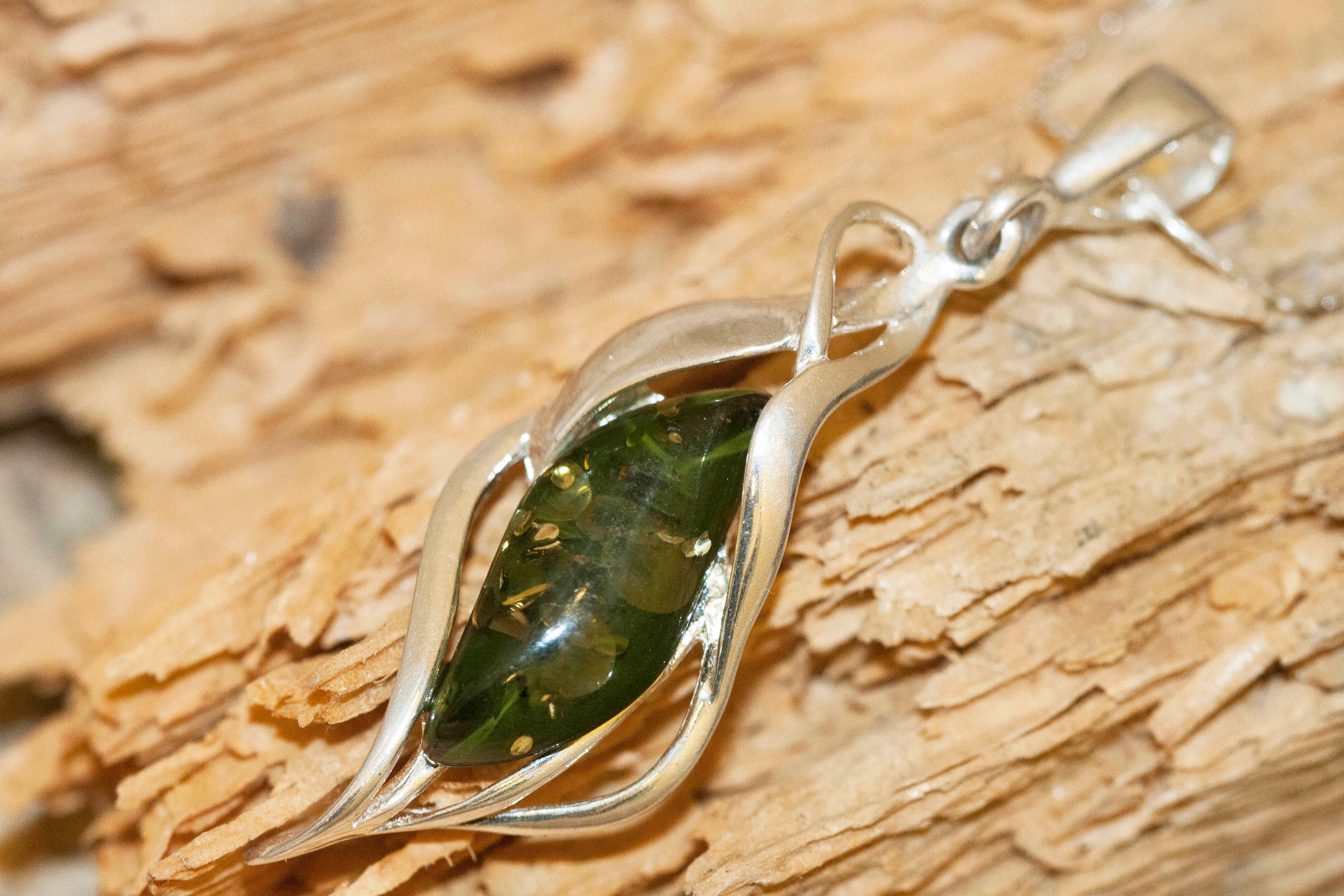 Green Amber Pendant in Sterling Silver. Amber necklace, silver pendant ...