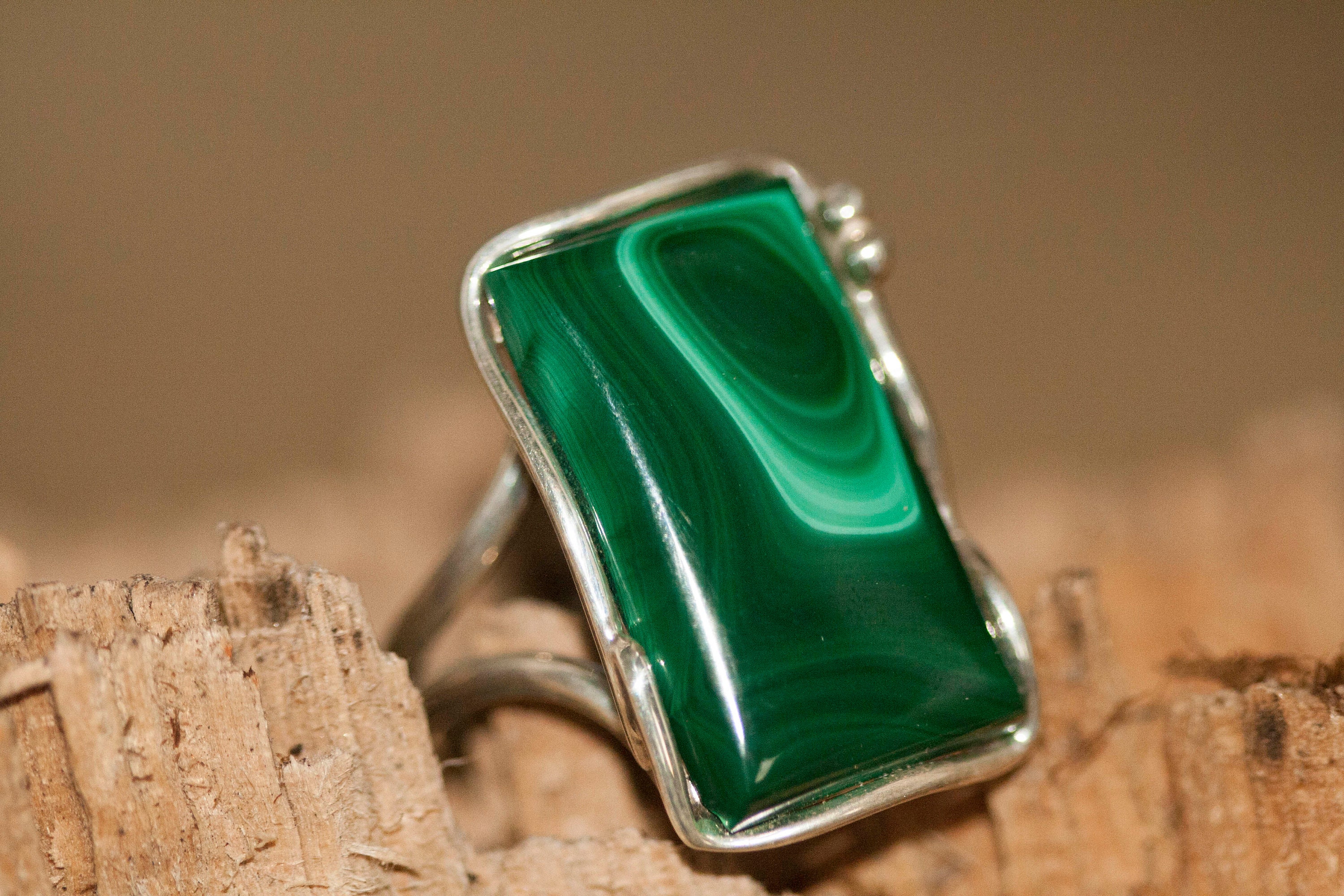Malachite Ring fitted in sterling silver setting. Silver ring, big ring ...