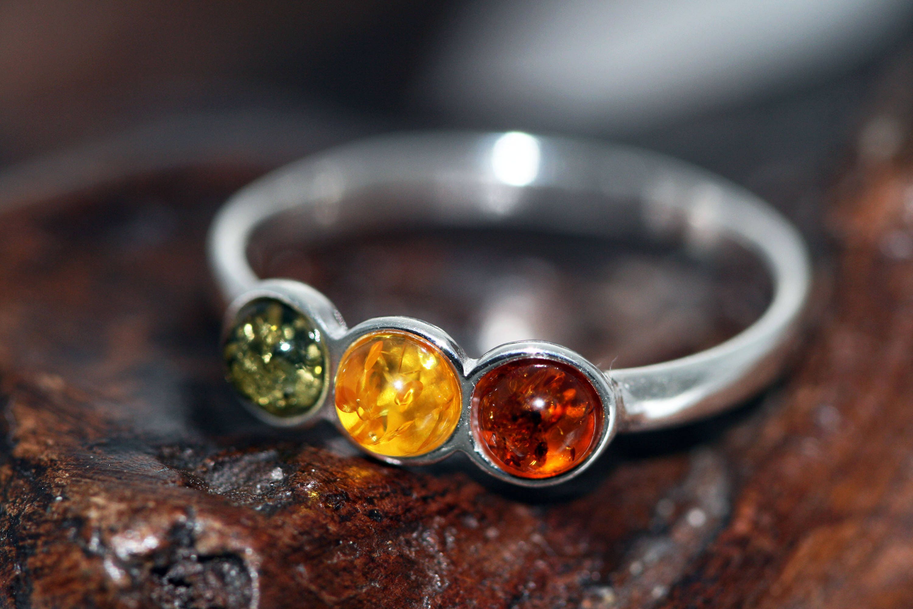 Baltic amber ring. Three kinds of Baltic amber & sterling silver ...