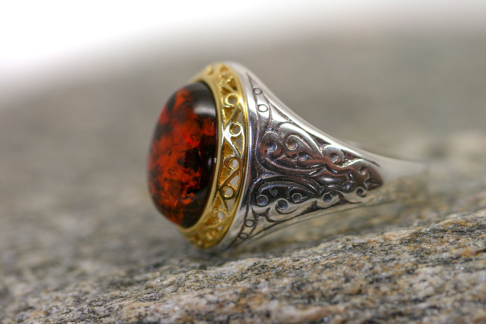 Amber & Gold Signet Ring Men Signet Ring Sterling Silver | Etsy