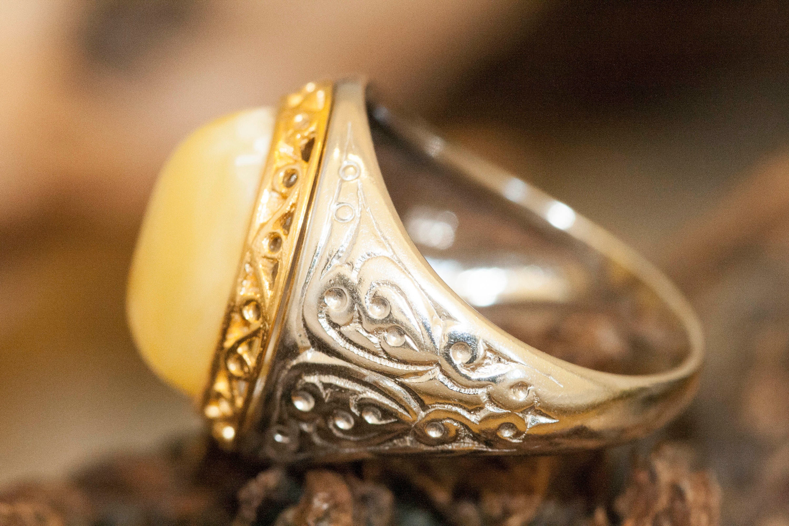 Amber & Gold Signet ring, Men signet ring, silver and gold, Unique ...