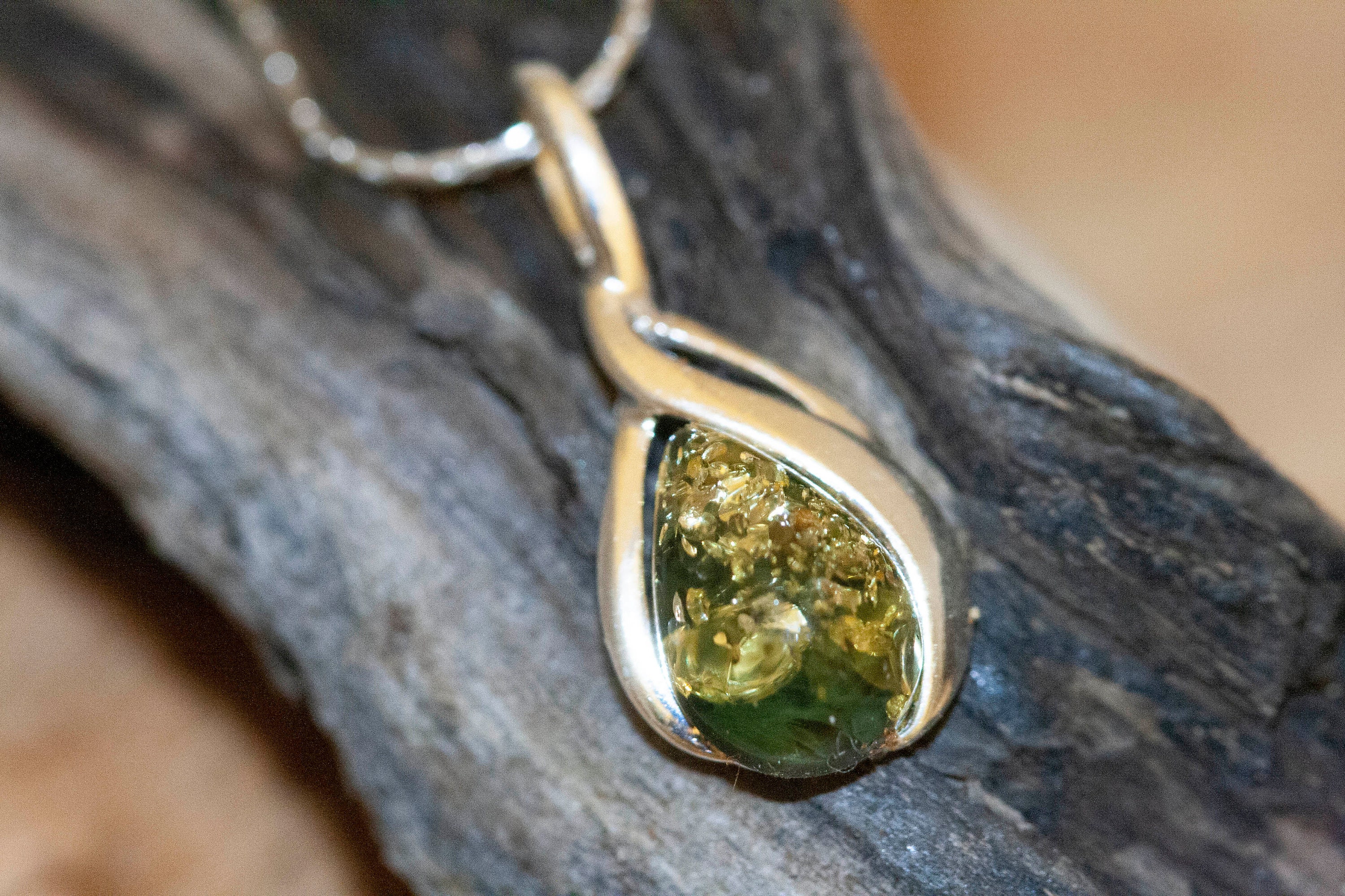 Green Amber Pendant in Sterling Silver. Amber necklace, dainty pendant ...
