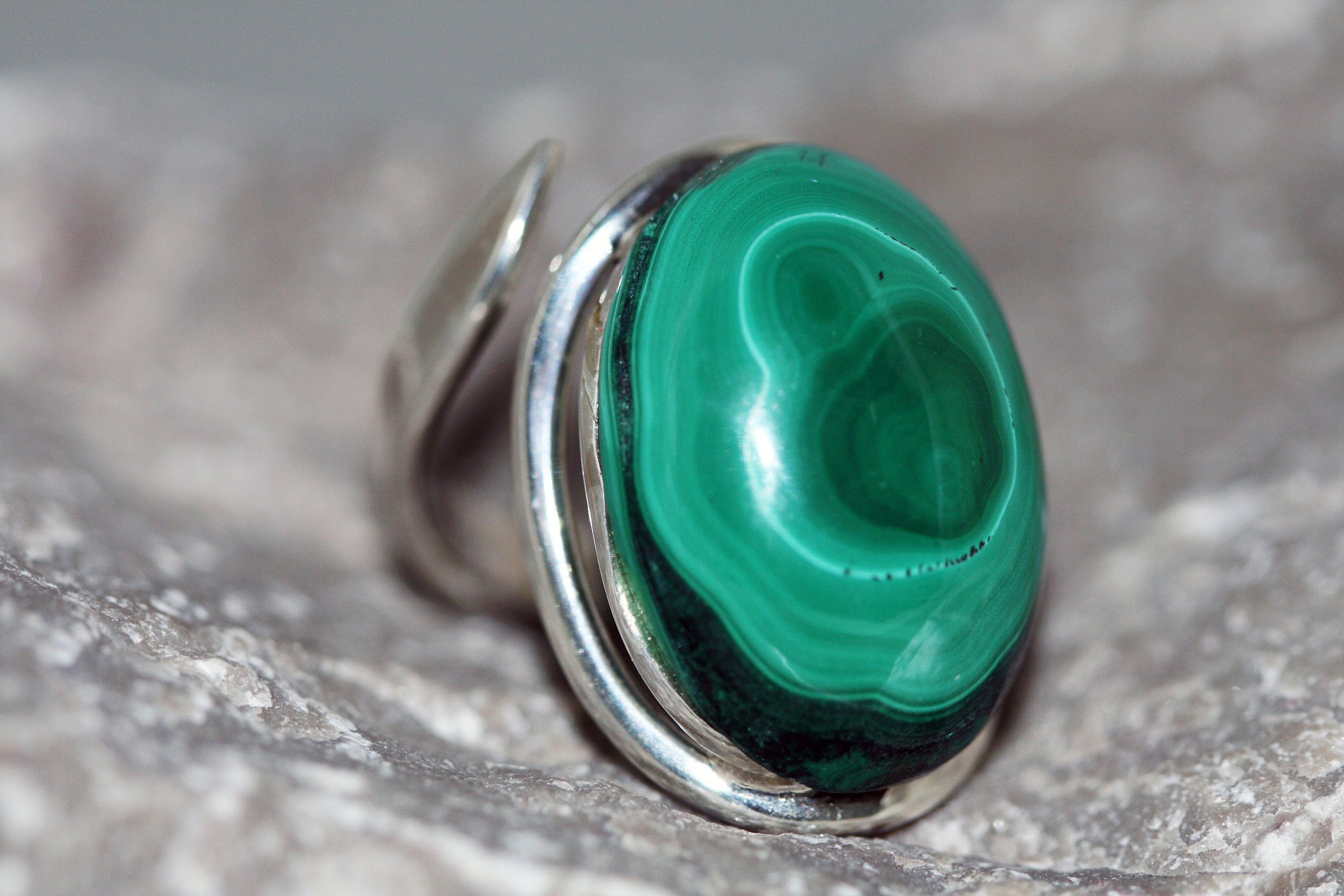 Malachite Ring fitted in sterling silver setting. Silver ring, signet ...
