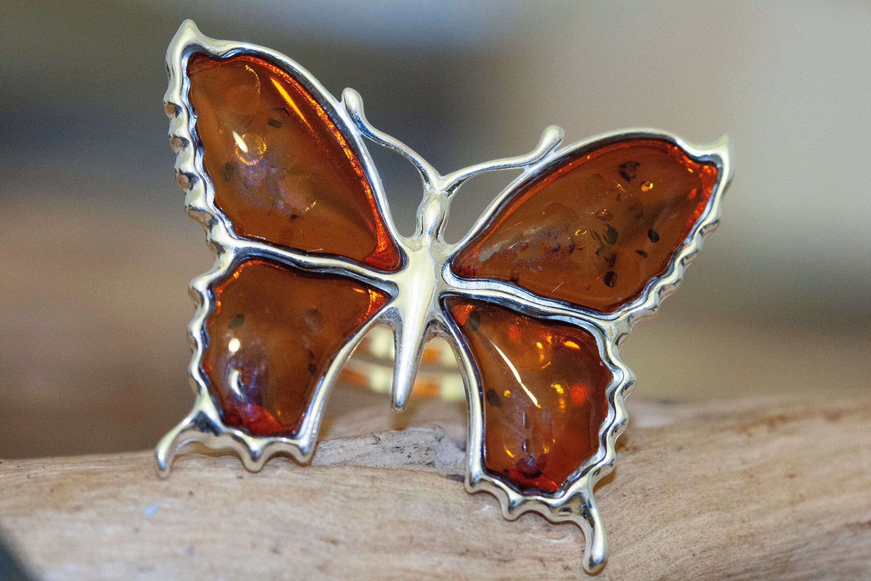 Baltic amber ring. Baltic amber & sterling silver. Butterfly shaped ...