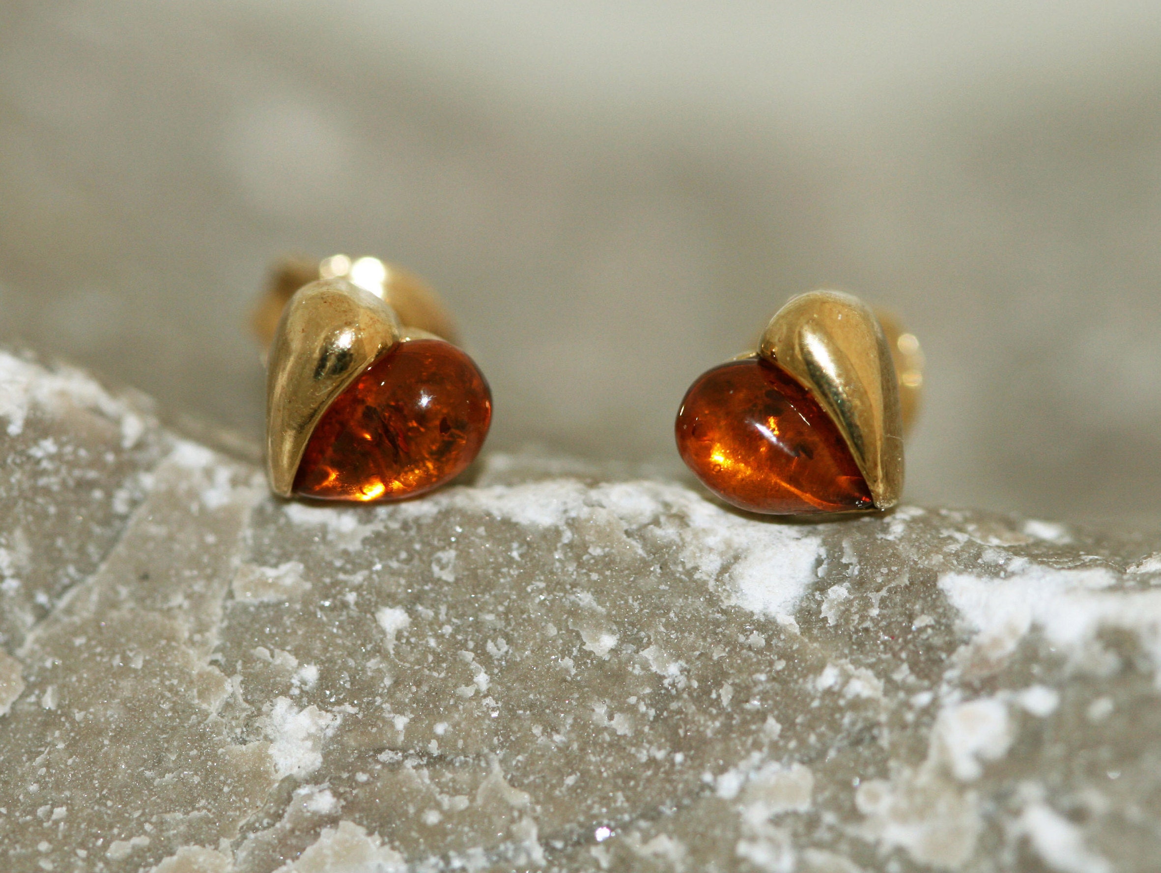 Amber & Gold. Heart shaped Baltic amber earrings, gold earrings ...