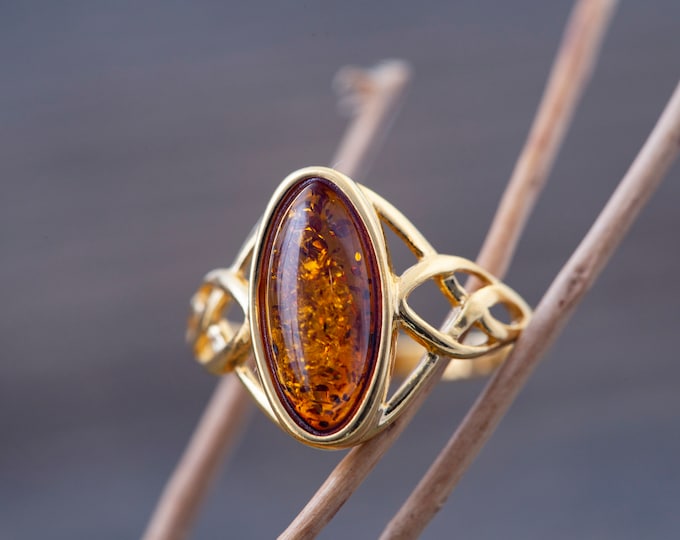 Baltic Amber Ring. Amber & Gold. Unique Ring. Celtic Design. Artistic Jewelry. Designer Ring ...