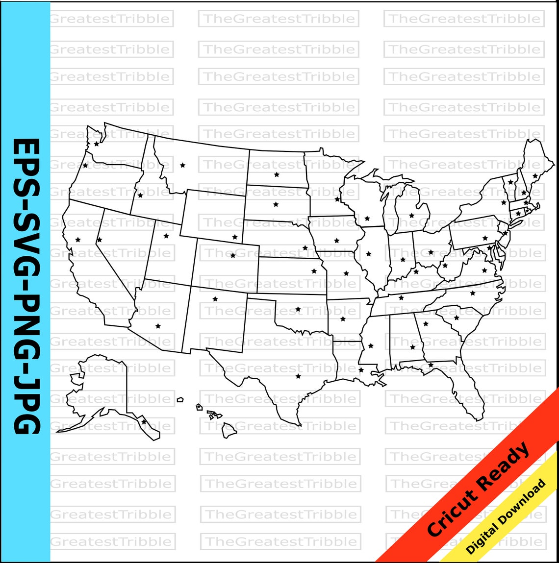 US States Map With State Capitals Eps Svg Png Jpg Vector Graphic Clip ...