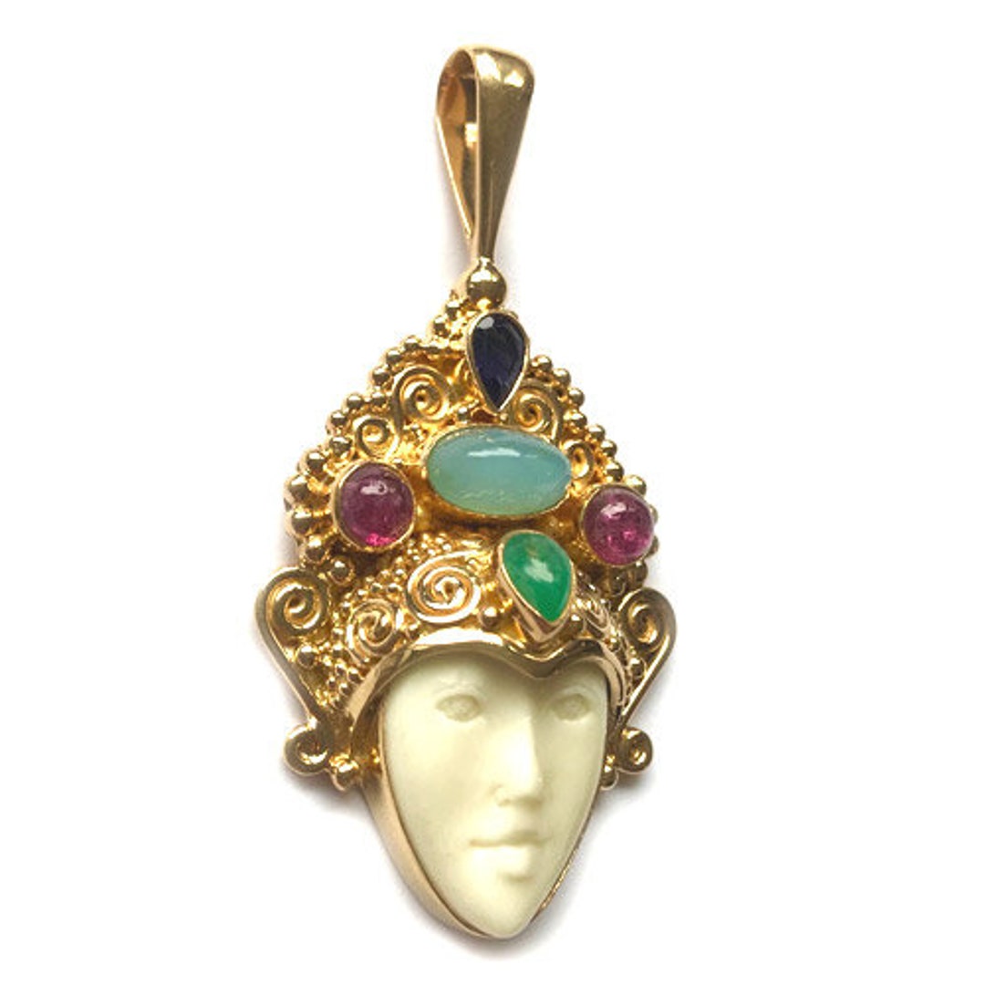 18K GOLD Offerings Sajen Goddess Pendant With Sapphire, Blue Opal ...