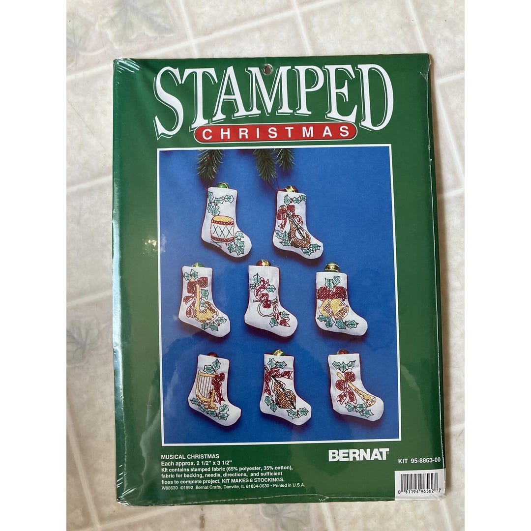 Bernat Musical Christmas Stocking Stamped Cross Stitch 8 Ornaments 1992 ...