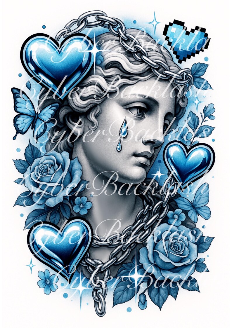 Y2K Crying Statue Tattoo Design With Drip Heart Blue (digital Download ...