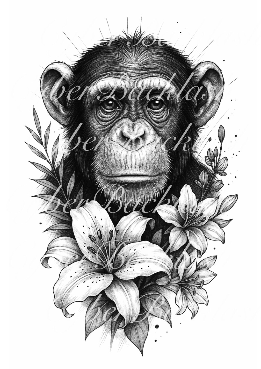 Realistic Monkey Tattoo Design With Stencil: Black & Grey Floral ...
