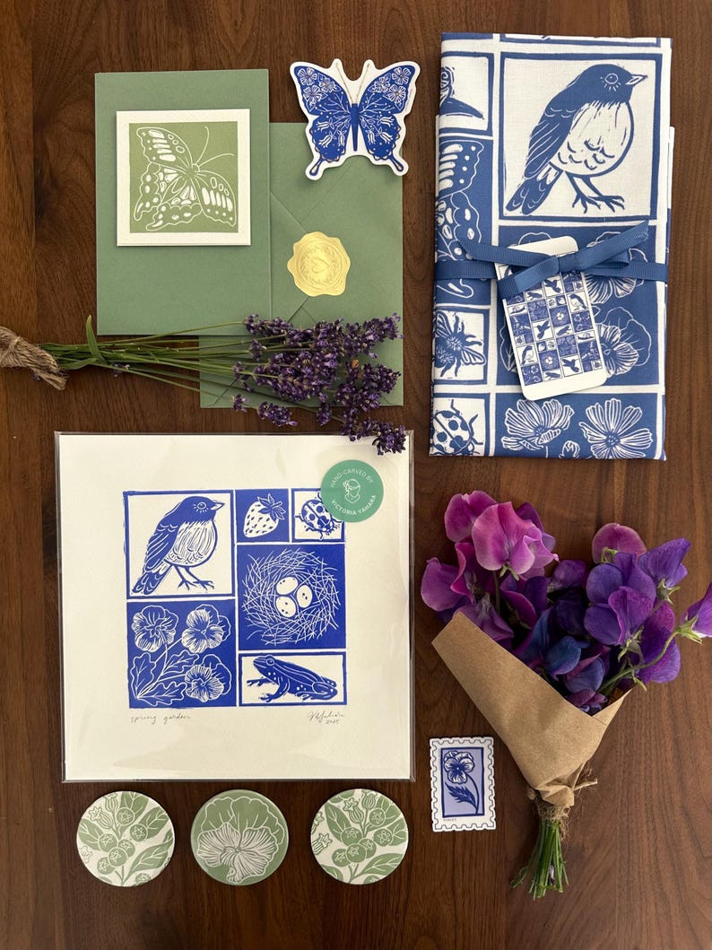 Ultramarine Blue Spring Garden Botanical Patchwork Linocut Artwork ...