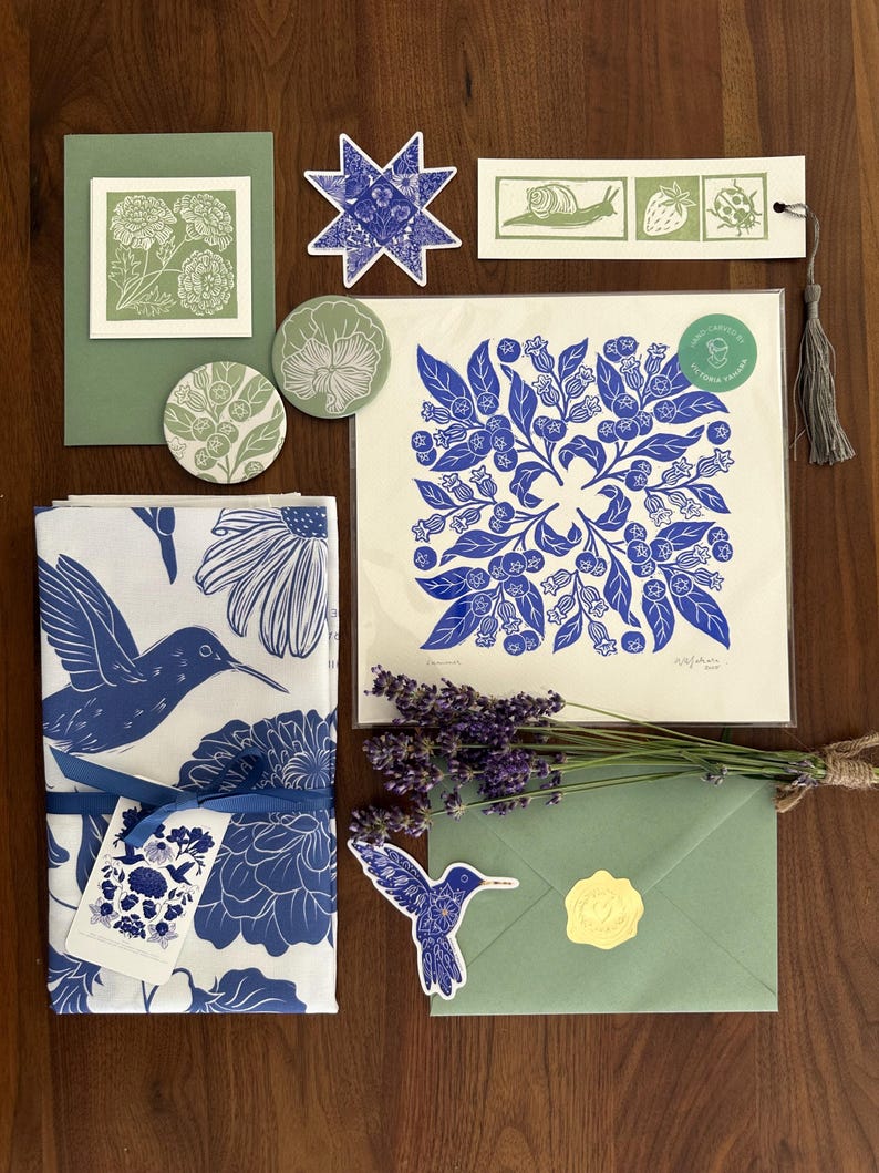 Ultramarine Blue Blueberry Botanical Pattern Linocut Artwork - Summer ...