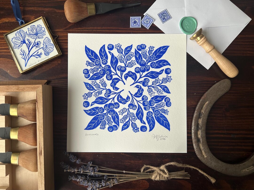 Ultramarine Blue Blueberry Botanical Pattern Linocut Artwork - Summer ...