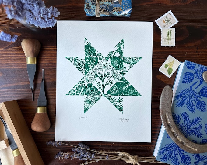 Cosmos Quilt Botanical Linocut Print - Floral Artwork - Etsy