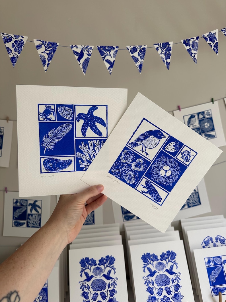 Ultramarine Blue Spring Garden Botanical Patchwork Linocut Artwork ...