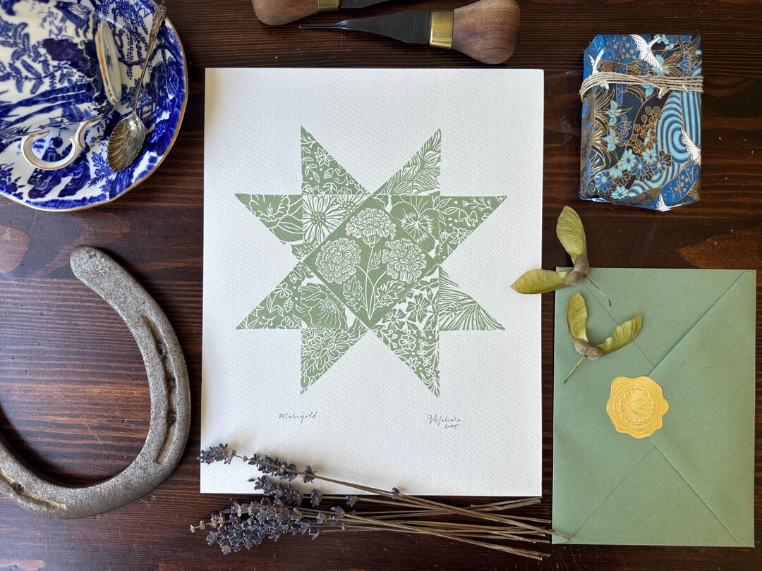 Marigold Quilt Botanical Linocut Print - Floral Artwork - Etsy