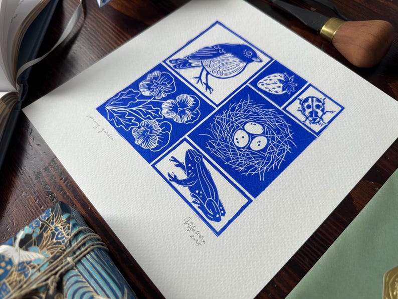 Ultramarine Blue Spring Garden Botanical Patchwork Linocut Artwork ...