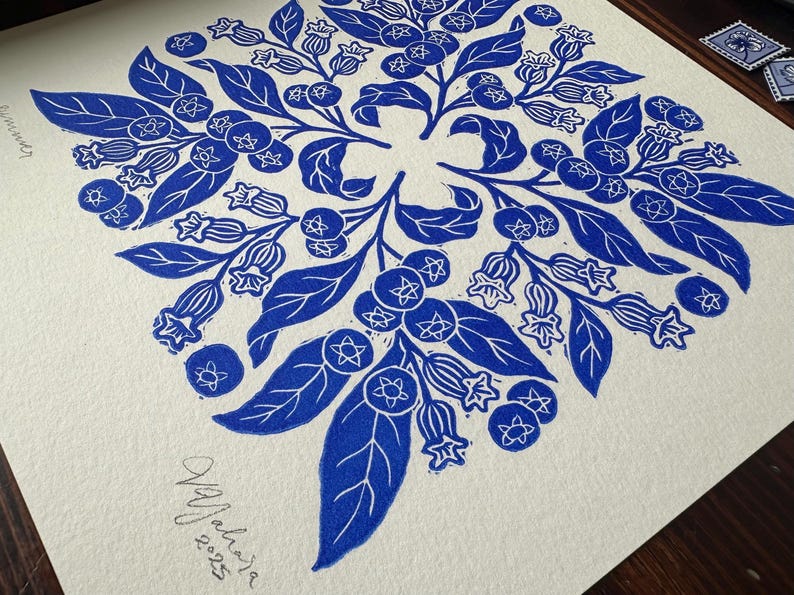 Ultramarine Blue Blueberry Botanical Pattern Linocut Artwork - Summer ...