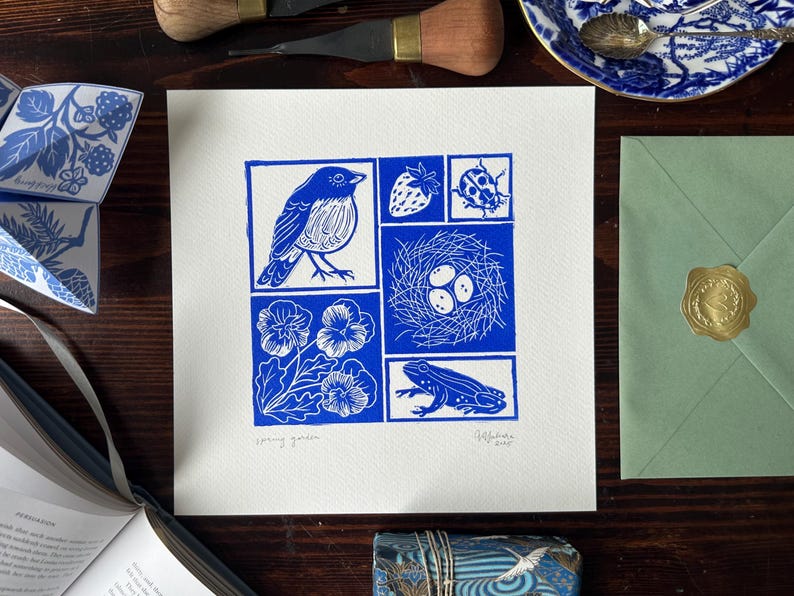 Ultramarine Blue Spring Garden Botanical Patchwork Linocut Artwork ...