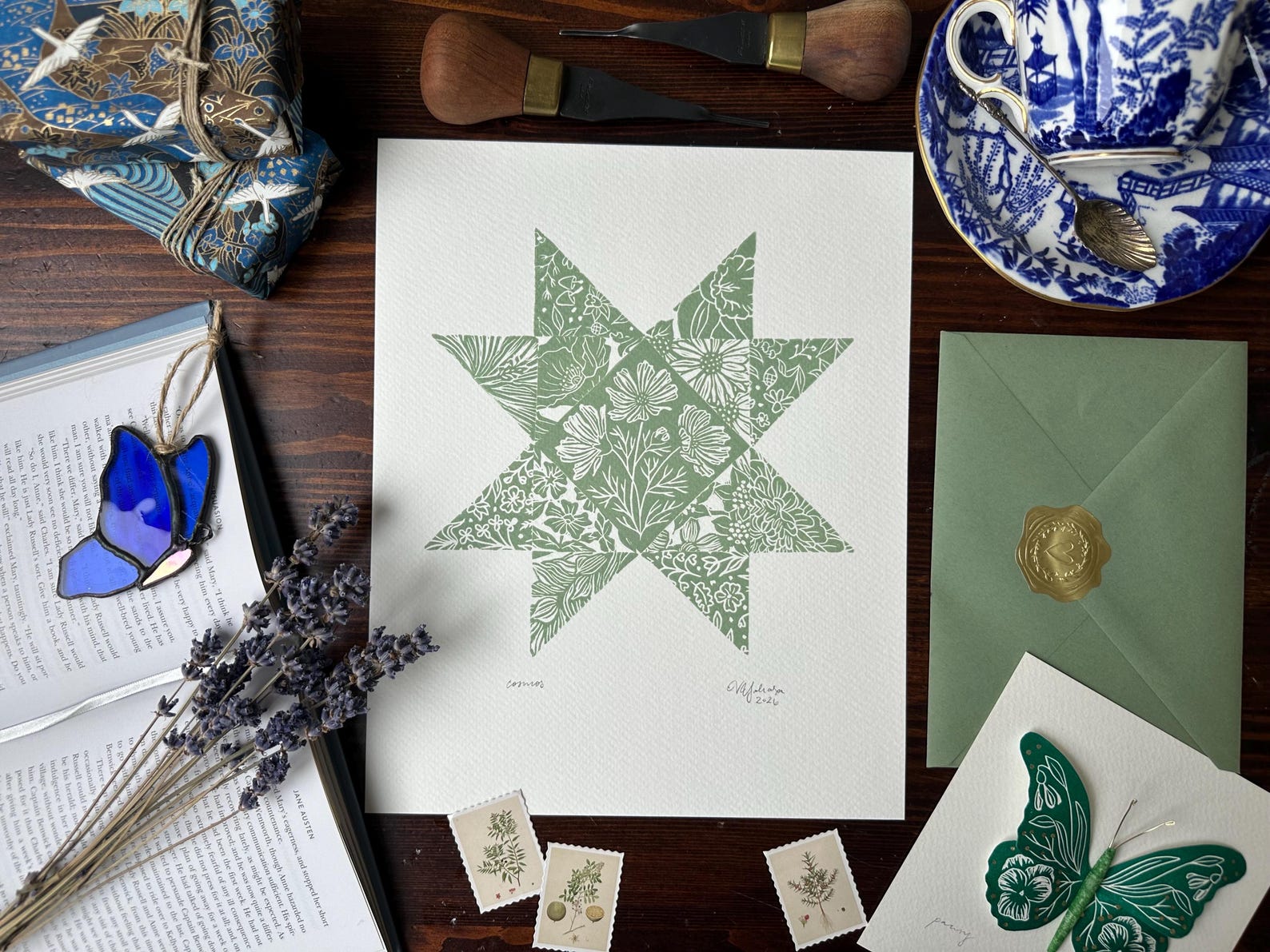 Cosmos Quilt Botanical Linocut Print - Floral Artwork - Etsy