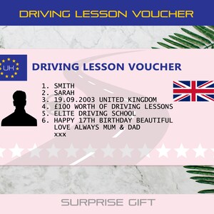 Voucher Template Driving Lesson Voucher Driving Gift 17th - Etsy UK