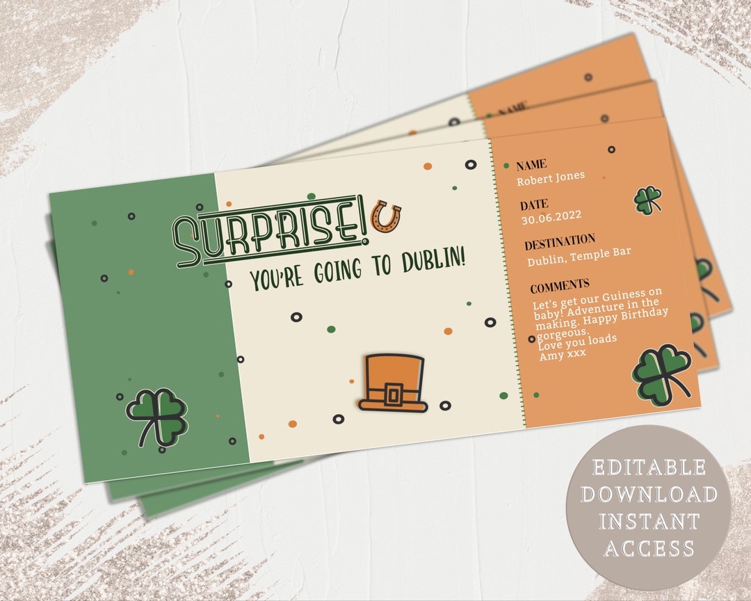 Printable Dublin Break Ticket, Ireland Surprise Gift, Personalised Gift ...