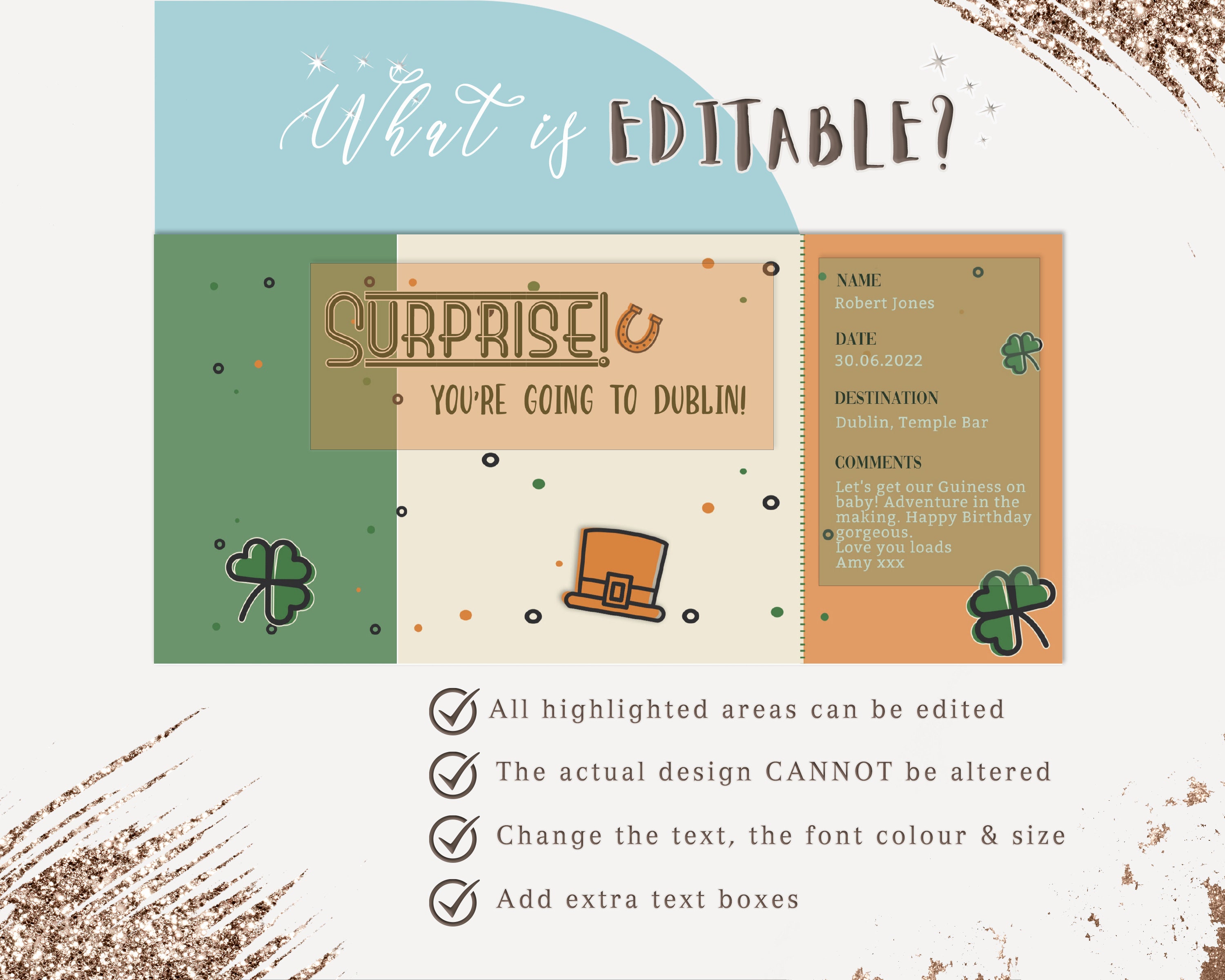 Printable Dublin Break Ticket, Ireland Surprise Gift, Personalised Gift ...