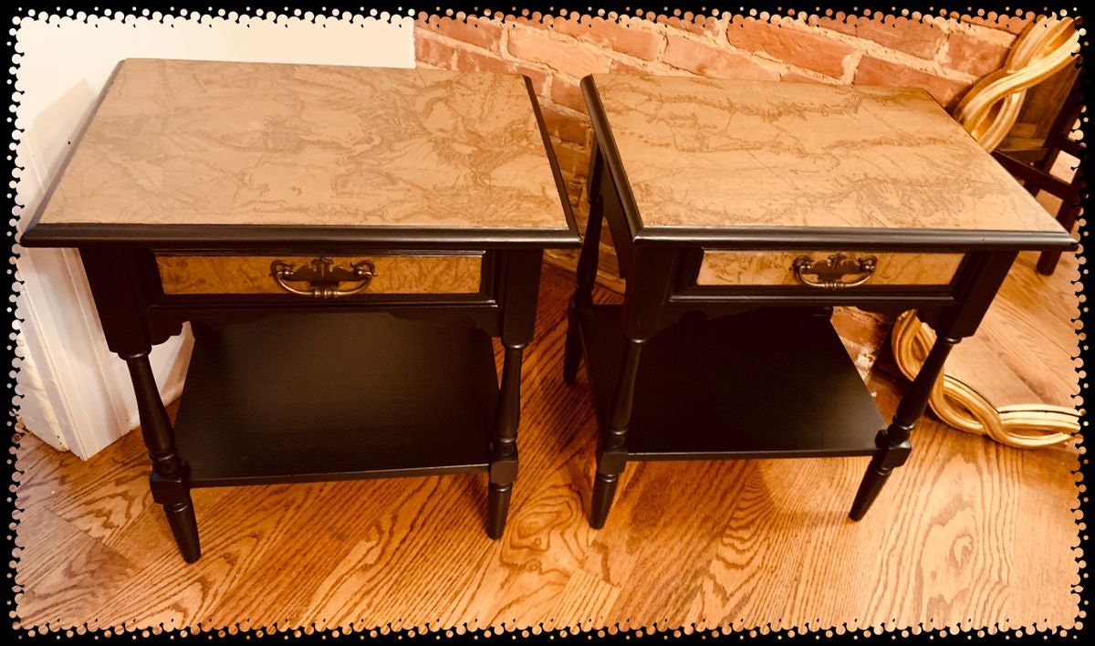 Set of Two Black Vintage Map End Tables Nightstands - Etsy