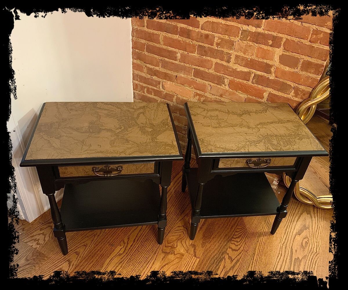 Set of Two Black Vintage Map End Tables Nightstands - Etsy