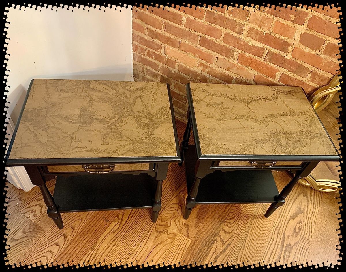 Set of Two Black Vintage Map End Tables Nightstands - Etsy
