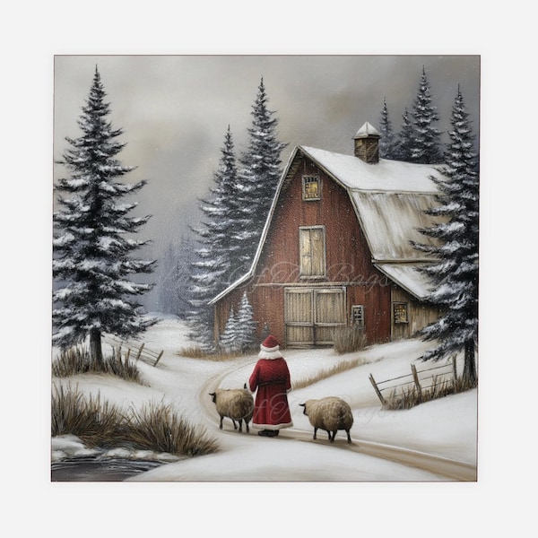 Santa Sheep and Barn Print - Etsy