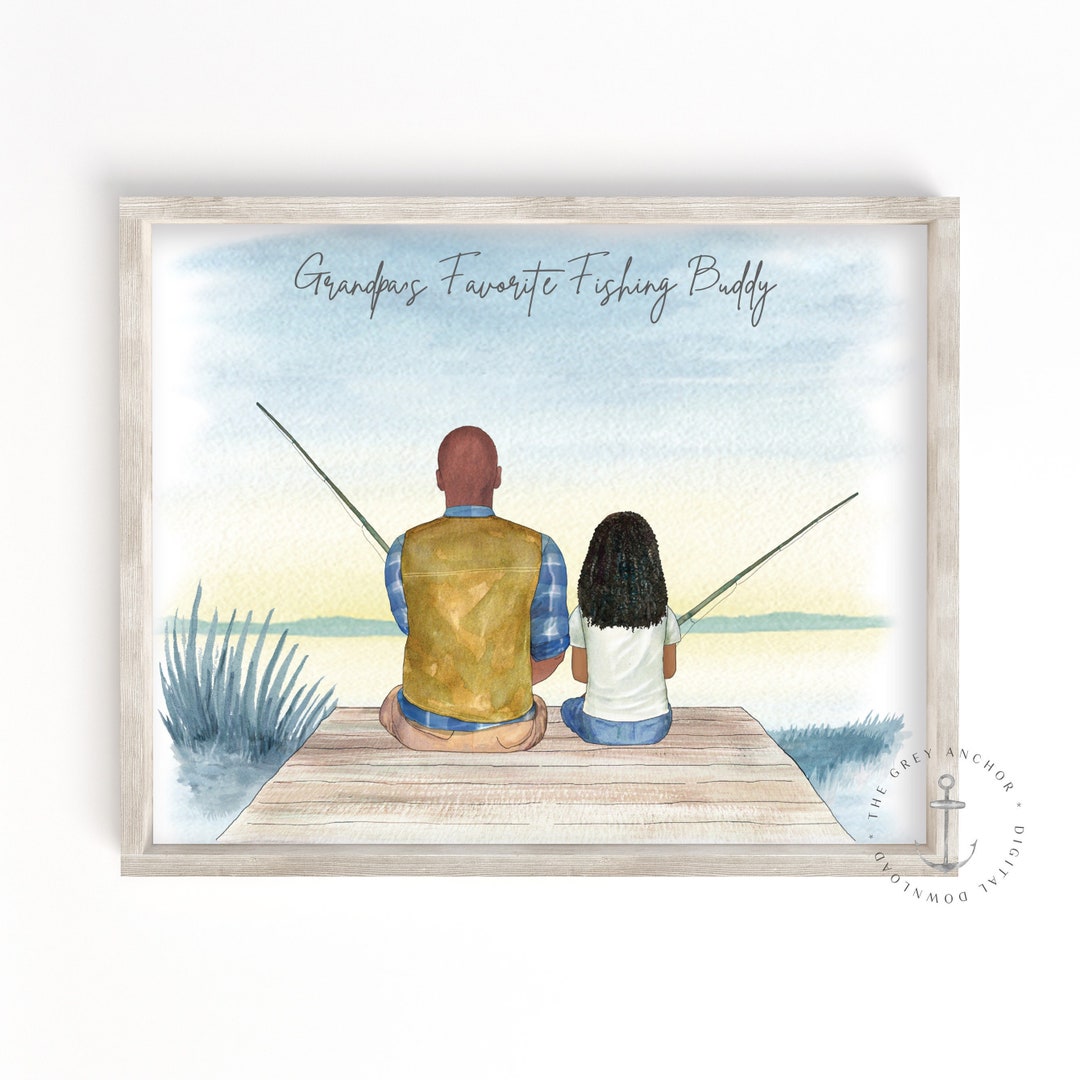 Personalized Fishing Portrait Gift for Grandfather, Custom Illustration ...