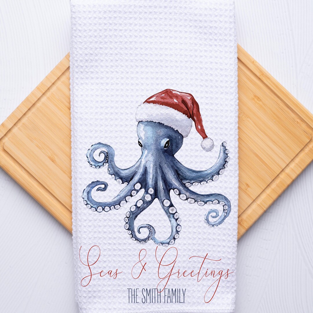 Personalized Christmas Octopus Kitchen & Bathroom Hand Towel, Christmas ...