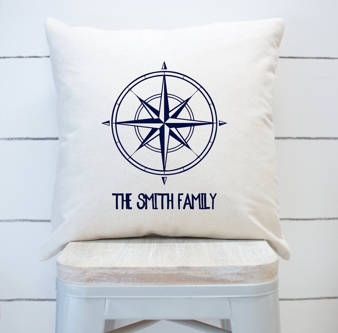 Personalized Compass Rose Throw Pillow Gift, Coastal Farmhouse Decor ...