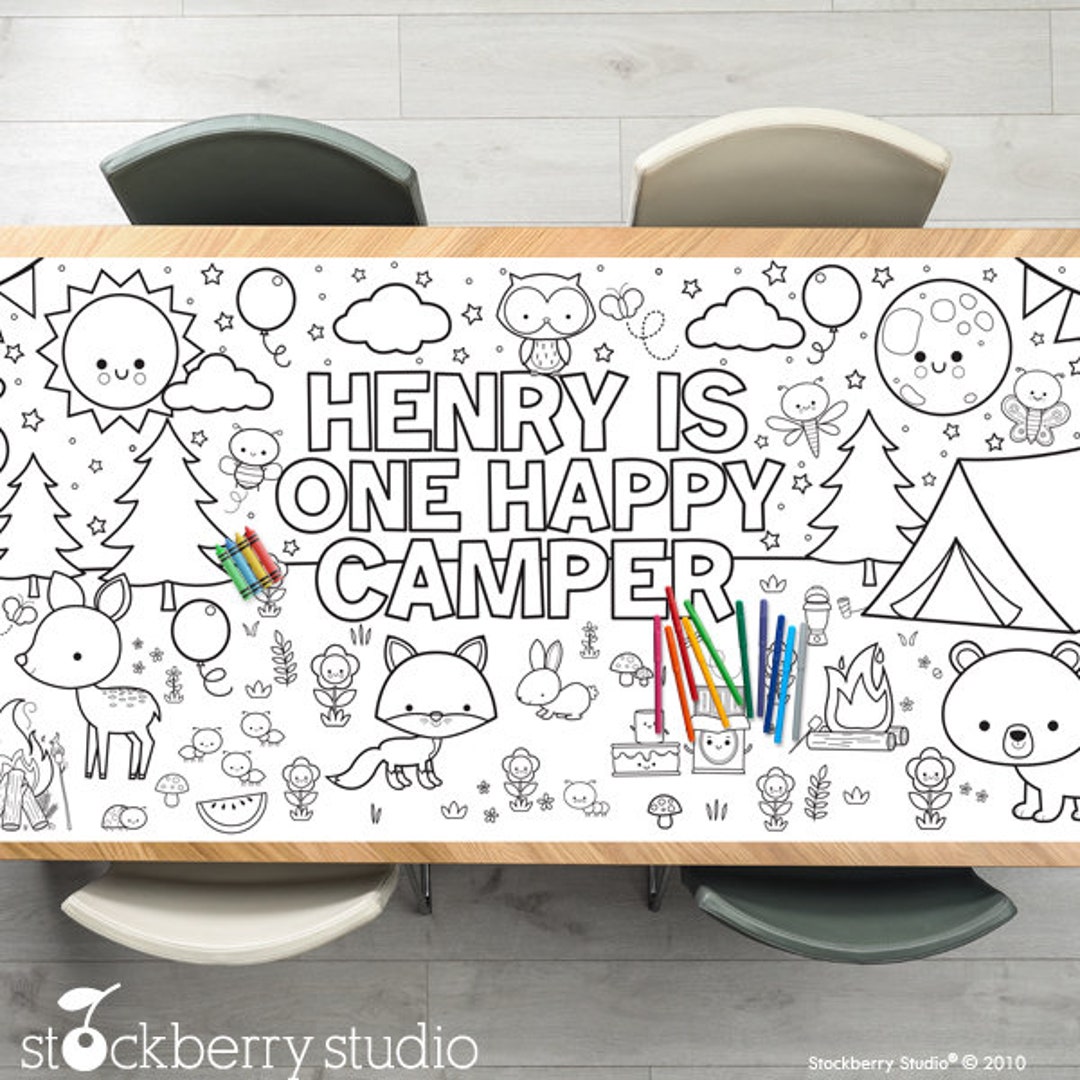 Camp Coloring Tablecloth Decorations One Happy Camper Birthday Camping ...