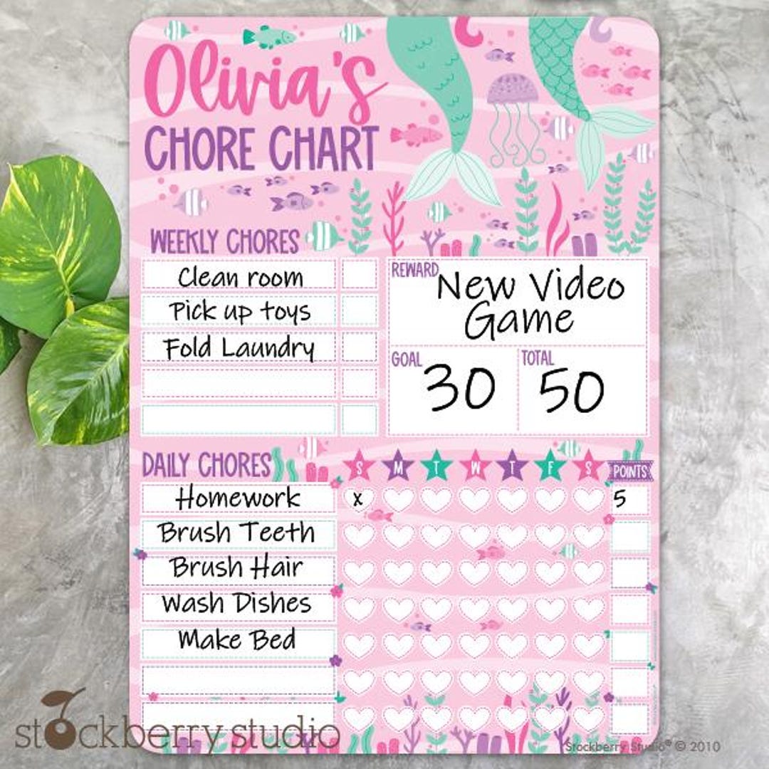 Mermaid Chore Chart Dry Erase Board Reusable Personalized Girl Reward ...