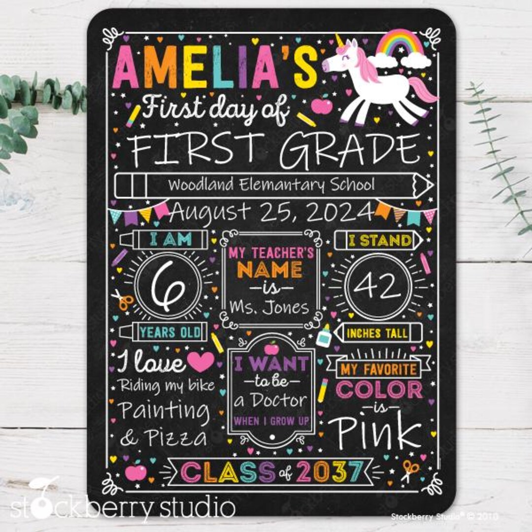 Unicorn First Day of School Sign Reusable Personalized Girl 1st Day of ...