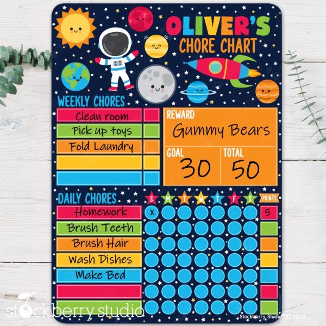 Space Chore Chart Dry Erase Board Reusable Personalized Boy Reward ...