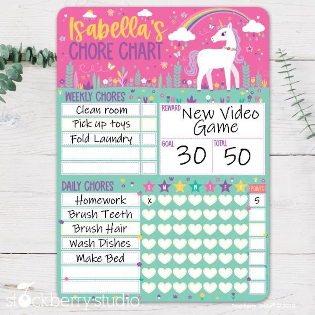 Unicorn Chore Chart Dry Erase Board Reusable Personalized Girl Reward ...