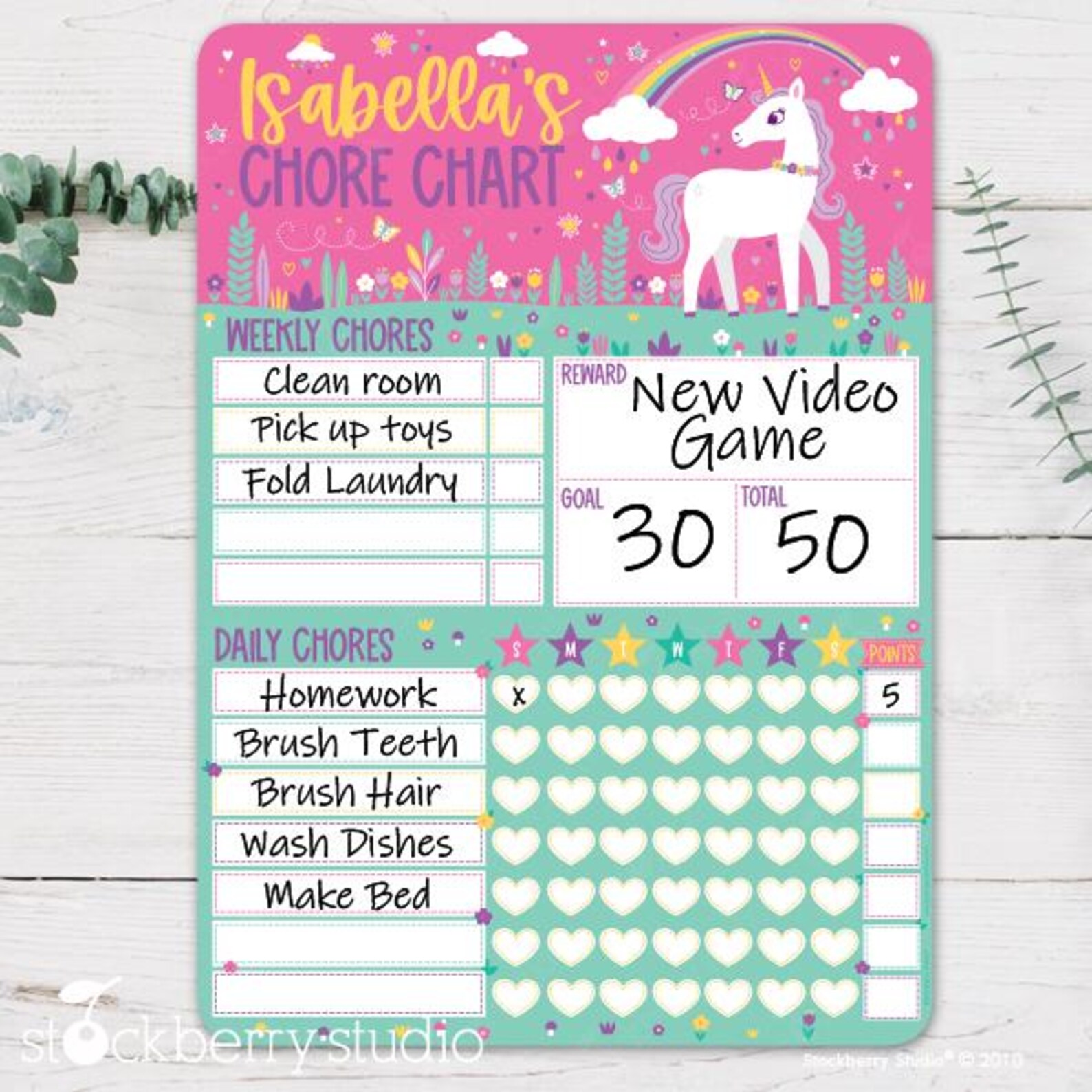 Unicorn Chore Chart Dry Erase Board Reusable Personalized Girl Reward ...